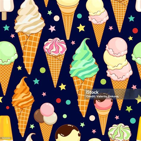 별과 동그라미와 어두운 파란색 배경에 화려한 아이스 크림의 완벽 한 패턴입니다 웹 사이트 광고 배너 포스터 전단지 명함에 대 한 만화 그림 벡터 일러스트입니다 개념에 대한
