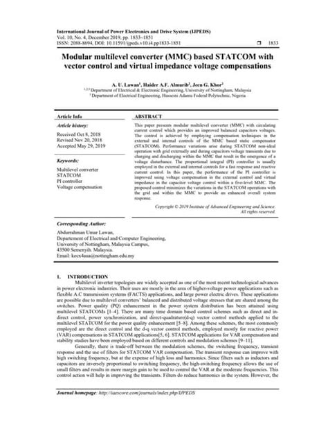 modular multilevel converter mmc based statcom with vector control