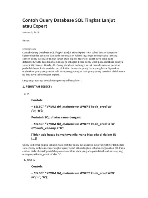 Contoh Query Database Sql Tingkat Lanjut Pdf