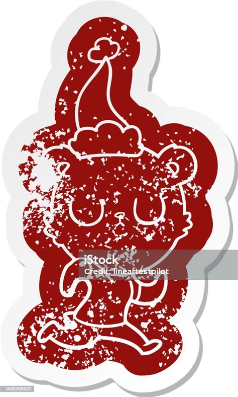 산타 모자를 쓰고 달리는 곰의 평화로운 기발한 만화 고민 스티커 곰에 대한 스톡 벡터 아트 및 기타 이미지 곰 그런지 이미지 기법 낙서 드로잉 Istock