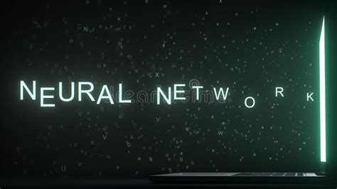 Neural Network Text Appearing Near Laptop Screen Conceptual 3d Rendering Stock Illustration