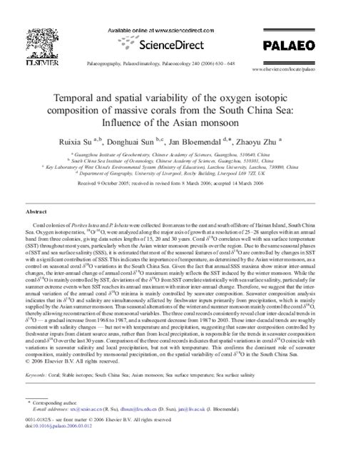 Pdf Temporal And Spatial Variability Of The Oxygen Isotopic Composition Of Massive Corals From