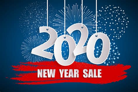 불꽃 놀이와 새해 세일 2020 블루 컨셉 2020 간판 은 밧줄에 흰색 숫자를 잘라 종이로 만든 종이 접기 스타일 번호입니다 크리스마스와 중국 새해 장식입니다 벡터