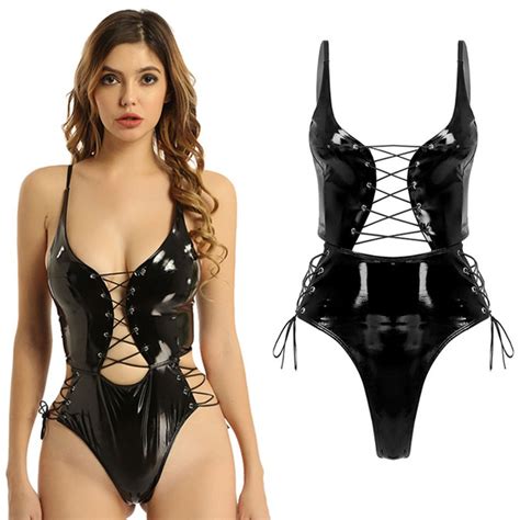 Womens Wetlook Patent Leather Lingerie Bodysuit Lace Up Leotard