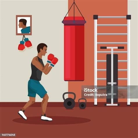 권투 연습을 연습하는 권투 선수 장갑을 끼고 반지 경기장에서 운동하는 전투기 펀칭 가방 현대 체육관 인테리어 건강한 라이프 스타일 개념 수평 권투 스포츠에 대한 스톡 벡터