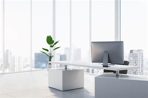 색 콘크리트 사무실 인테리어 파노라마 창문 도시 전망 작업장 컨셉 3d 렌더링 프리미엄 사진