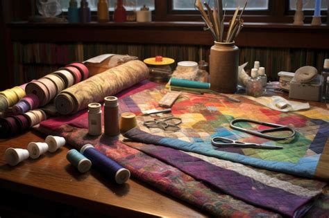 Premium Ai Image Quilting Tools And Materials On A Worktable Created With Generative Ai