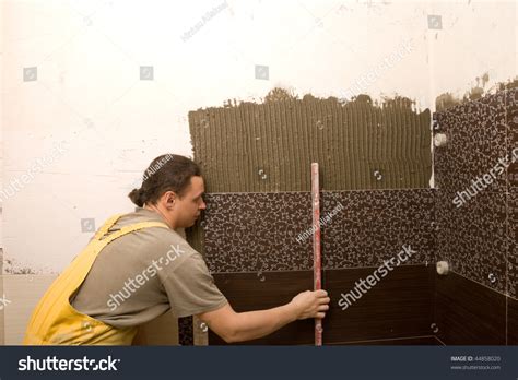 Man Tiling Wall Bathroom Stock Photo 44858020 Shutterstock