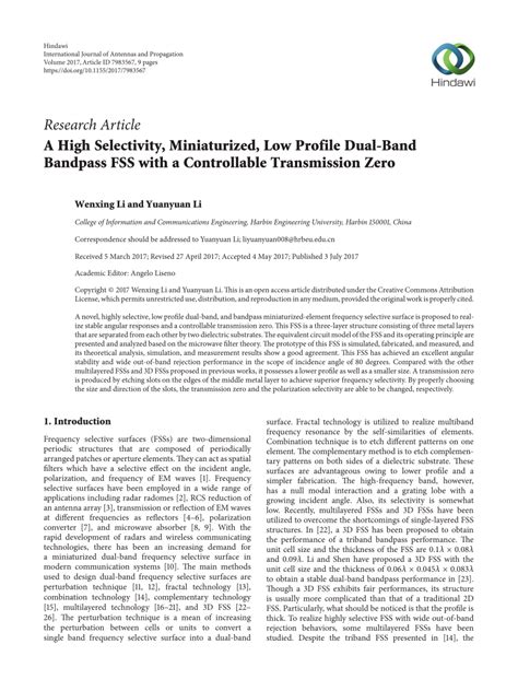 Pdf A High Selectivity Miniaturized Low Profile Dual Band Bandpass