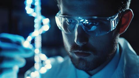Scientist In A Hightech Biotech Lab Analyzing Dna Sequences On A Holographic Premium Ai