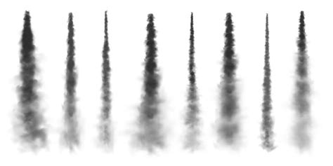현실적인 미사일 또는 총알 흔적 비행기 응축 산책로 제트 항공기 트랙 우주 로켓 발사 검은 연기 구름 폭발 증기 흐름 벡터 그림 프리미엄 벡터