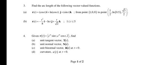 Solved Find The Arc Length Of The Following Vector Valued Chegg