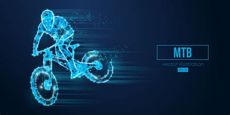 파란색 배경에 삼각형과 입자로 만든 Mtb 라이더의 추상적인 와이어프레임 실루엣 남자는 고립된 속임수를 쓰고 있다 산악 사이클링