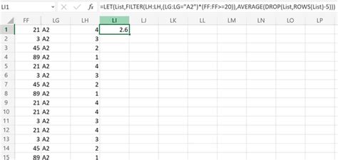 average the last 5 values in a whole column that meet certain