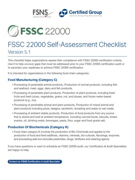 Fsns Certification And Audit Fssc 22000 Checklist Pdf Risk Food Safety