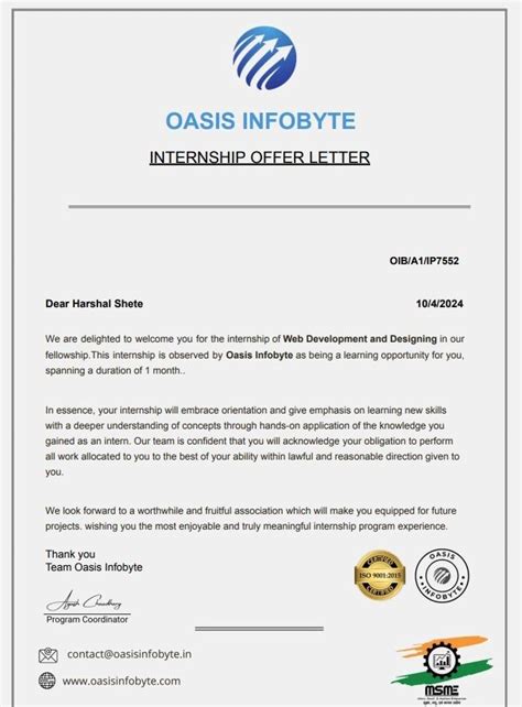 Harshal Shete On Linkedin Thrilled To Announce That Ive Secured An Internship At Oasis