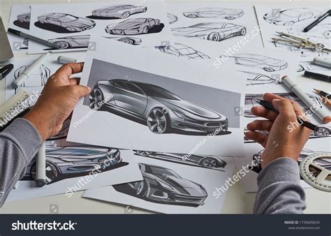 디자이너 엔지니어 자동차 설계 드로잉 스케치 스톡 사진 1739609654 Shutterstock