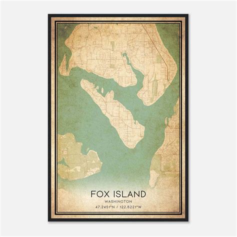 Vintage Fox Island Washington Map Poster Fox Island Wa City Road Wall