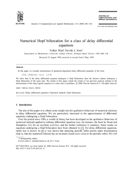 Pdf Numerical Hopf Bifurcation For A Class Of Delay Differential