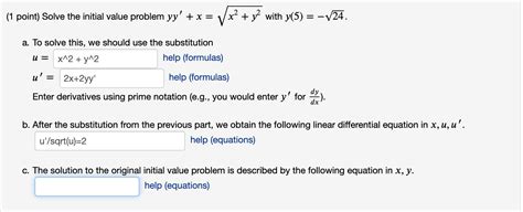 solved 1 point solve the initial value problem yy x v