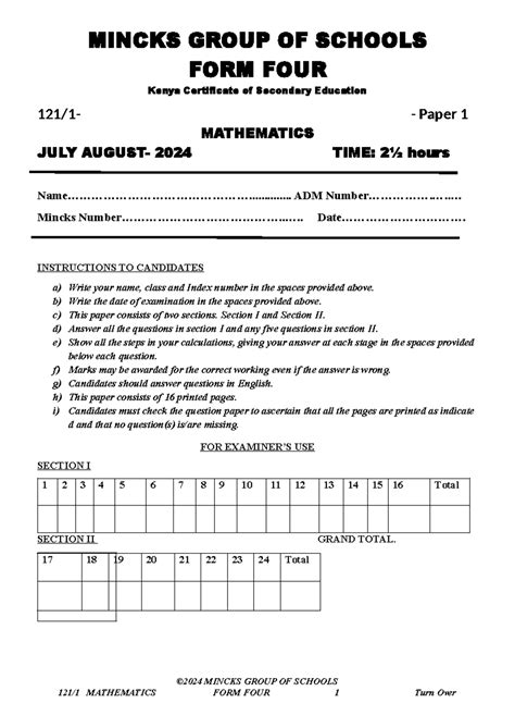 Form 4 Maths Paper 1 End Term 2 2024 Mincks Group Of Schools Form