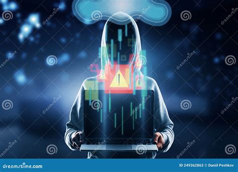 Hacker Holding Laptop With Abstract Cloud Computing Error Hologram On Blurry Blue Bokeh Office