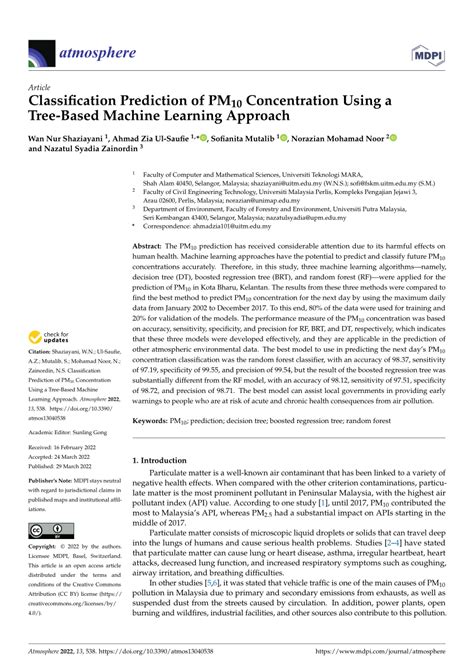 Pdf Classification Prediction Of Pm10 Concentration Using A Tree Based Machine Learning Approach