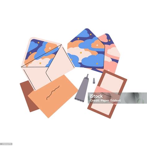 하늘 구름 무늬가 있는 수공예 봉투 종이 접착제 튜브로 만든 손수 만든 엽서 초대장을 제작한다 우편 장식 우편 장식 흰색 배경에 평평한 고립 된 벡터 그림 개념에 대한 스톡