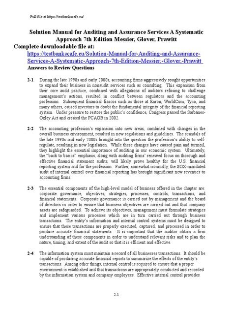 Solution Manual For Auditing And Assurance Services A Systematic Approach 7th Edition Messier