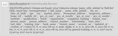 Php Laravel 5 Migration Error Column Not Found 1054 Unknown Column Namewithinitials In