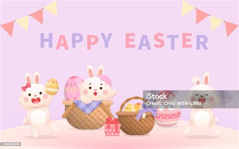 선물 상자 부활절 전통 종교 행사 벡터 일러스트 레이 션 인사말 카드 또는 포스터를 축하하는 귀여운 장난기 토끼와 함께 그려진 계란 공휴일에 대한 스톡 벡터 아트 및 기타