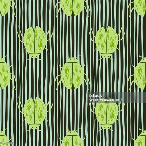 밝은 녹색 버그는 매끄러운 간단한 패턴을 요소입니다 검은 색 선으로 벗겨진 배경에 평평한 이국적인 곤충 곤충에 대한 스톡 벡터