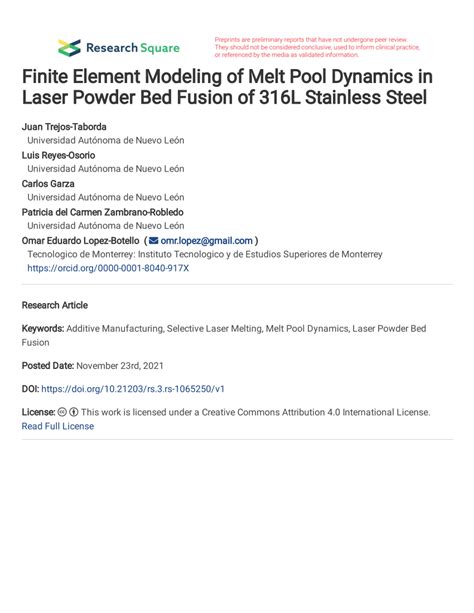 Pdf Finite Element Modeling Of Melt Pool Dynamics In Laser Powder Bed Fusion Of 316l Stainless