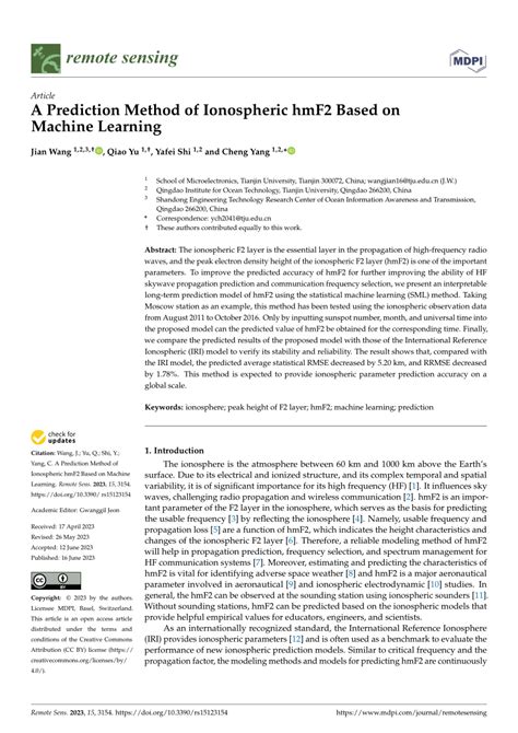 Pdf A Prediction Method Of Ionospheric Hmf2 Based On Machine Learning