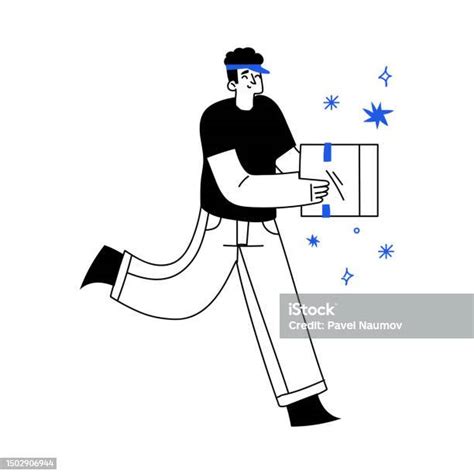 파란 모자를 쓴 젊은 남성 택배는 골판지 상자 벡터 그림에 소포를 나눠주고 있다 개념에 대한 스톡 벡터 아트 및 기타 이미지 개념 군사적 침략 긴급 개념 Istock