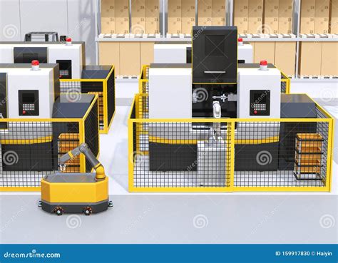mobile robots passing cnc robot cells in factory stock illustration