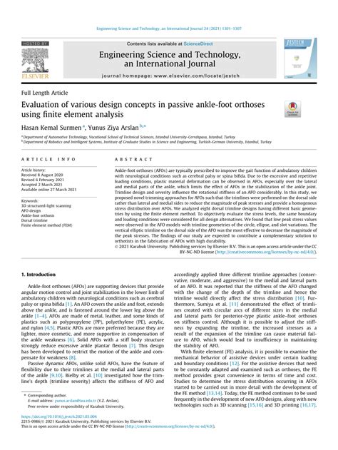 Pdf Evaluation Of Various Design Concepts In Passive Ankle Foot Orthoses Using Finite Element