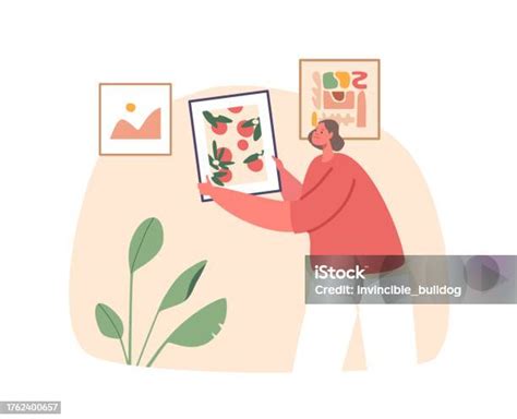 여자는 꼼꼼하게 벽에 그림을 걸어 정확한 정렬 불완전 없음 벡터 일러스트 레이 션을 보장합니다 가정 생활에 대한 스톡 벡터 아트