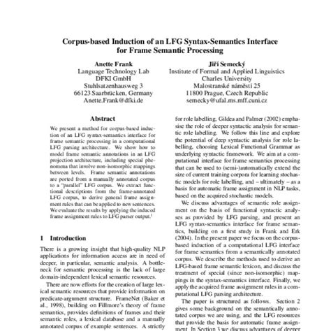 Corpus Based Induction Of An Lfg Syntax Semantics Interface For Frame Semantic Processing Acl