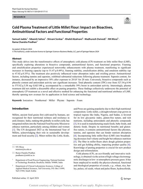 Cold Plasma Treatment Of Little Millet Flour Impact On Bioactives Antinutritional Factors And