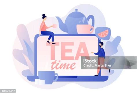 티 타임 노트북 화면에 텍스트 뜨거운 음료 파티 온라인 차를 마시는 작은 사람들 주전자 컵 레몬 슬라이스 설탕 큐브 현대 플랫 만화 스타일 흰색 배경의 벡터 그림 감기와