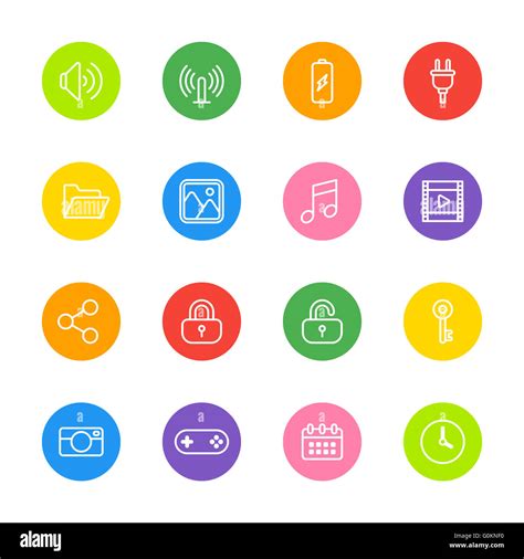 JPEG White Line Web Icon Set On Colorful Circle For Web UI Infographic And Mobile Apps Stock