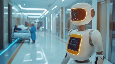 Futuristic Healthcare Robot Assisting In Modern Hospital With Patient