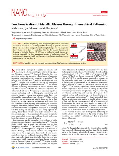 Pdf Functionalization Of Metallic Glasses Through Hierarchical Patterning