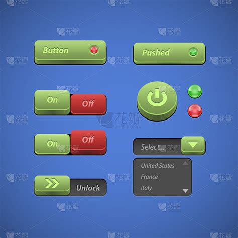 引发按钮绿色和红色的 Ui 控制网页元素： 按钮，切换器上、 关闭播放器、 音频、 视频： 播放、
