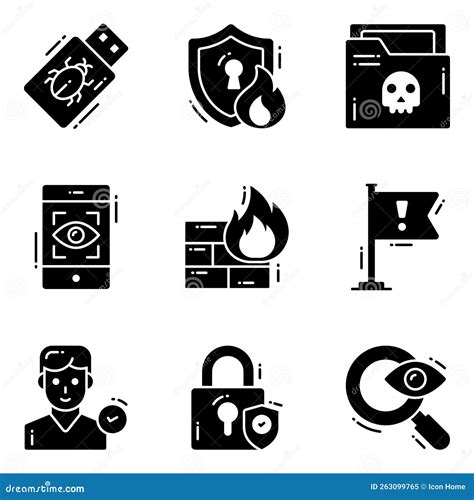 Protection And Security Vector Glyph Icons Set Cyber Computer Network Business Data Technology