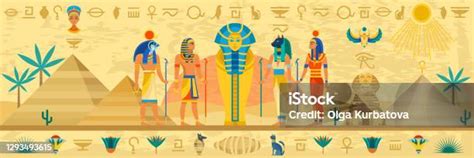 고대 이집트 이집트 신화 스토리 상형 문자 프레임 종교 건축과 장식 파라오 석관 신과 피라미드 벡터 수평 포스터와 우상 동상 상형문자에 대한 스톡 벡터 아트 및 기타 이미지
