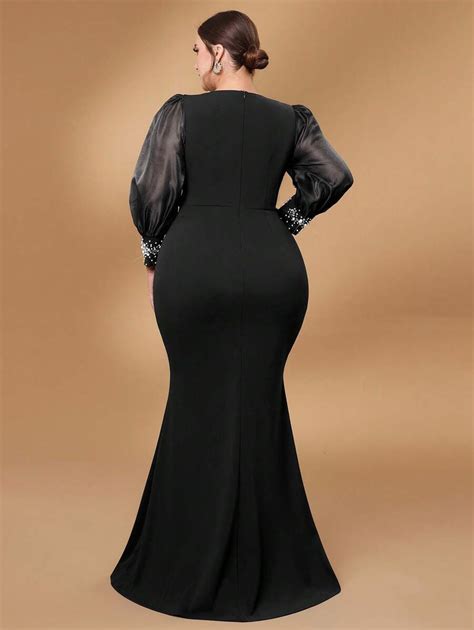 Shein Belle Plus Size Navy Blue Sequin Embellished Mesh Puff Sleeve