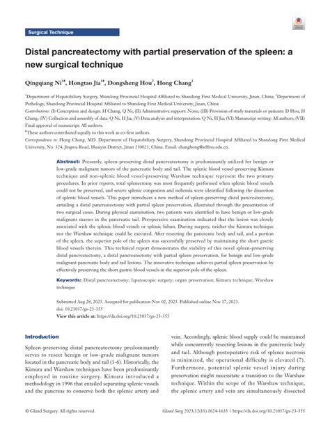 Pdf Distal Pancreatectomy With Partial Preservation Of The Spleen A New Surgical Technique