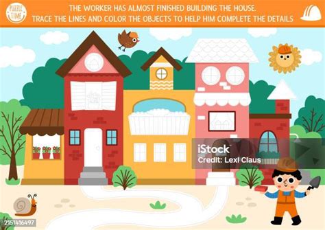 집과 함께 건설 현장 그리기 색칠하기 추적 및 쓰기 연습 활동 건물 퍼즐을 완성하세요 인쇄 가능한 워크시트 아이들을 위한 게임 작업자가 집을 짓고 장식하는 것을 도와주세요